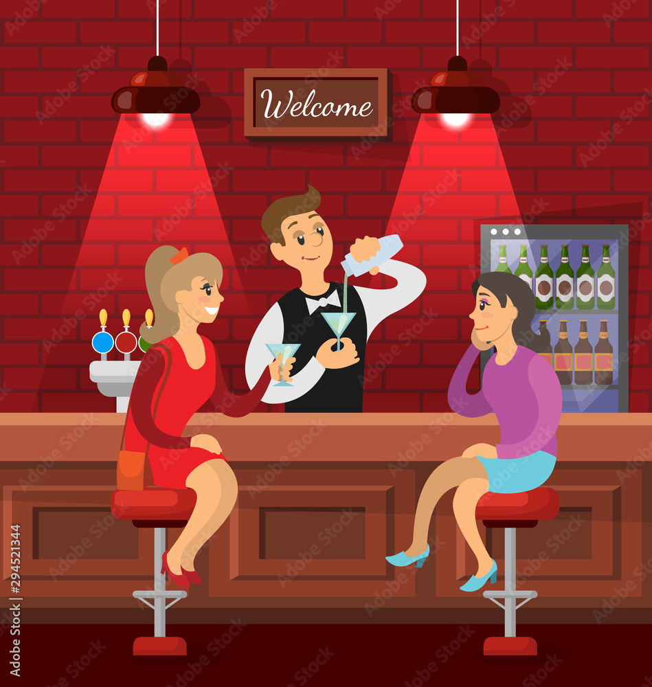 Pub or bar in red color with bricks wall and lamps, characters talking ...