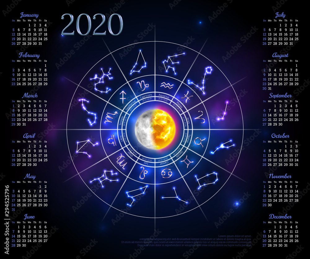Calendar layout for 2020 year with zodiac circle. Horoscope wheel with ...