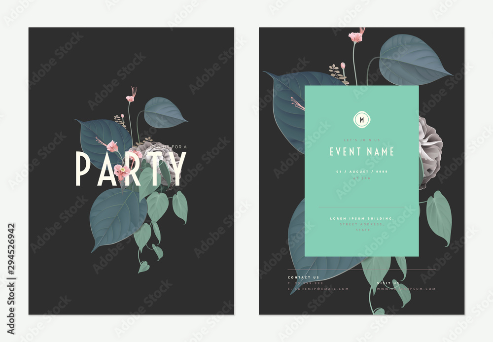 Event invitation card template design, various flowers and leaves art ...