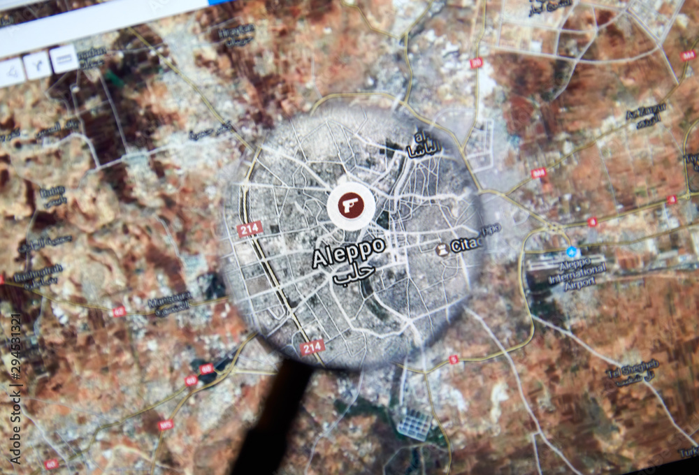 Aleppo, Syria on Google maps under magnifying glass foto de Stock ...
