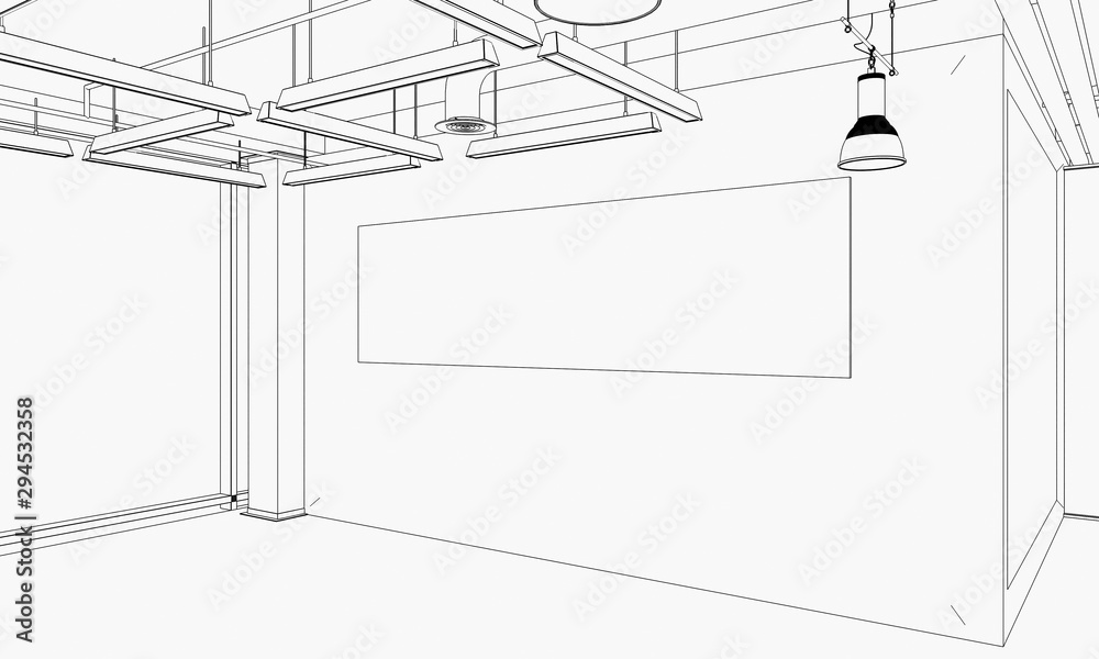 empty room, contour visualization, 3D illustration, sketch, outline ...