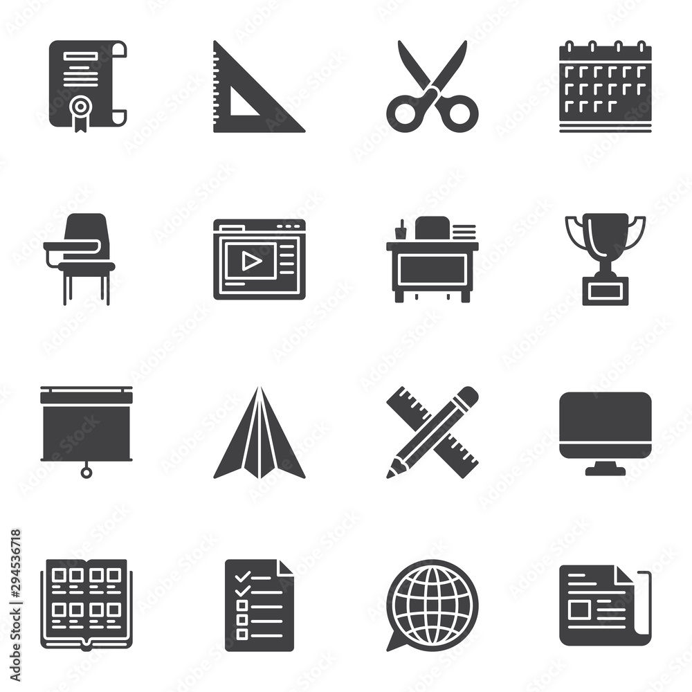 School vector icons set, modern solid symbol collection, filled style ...