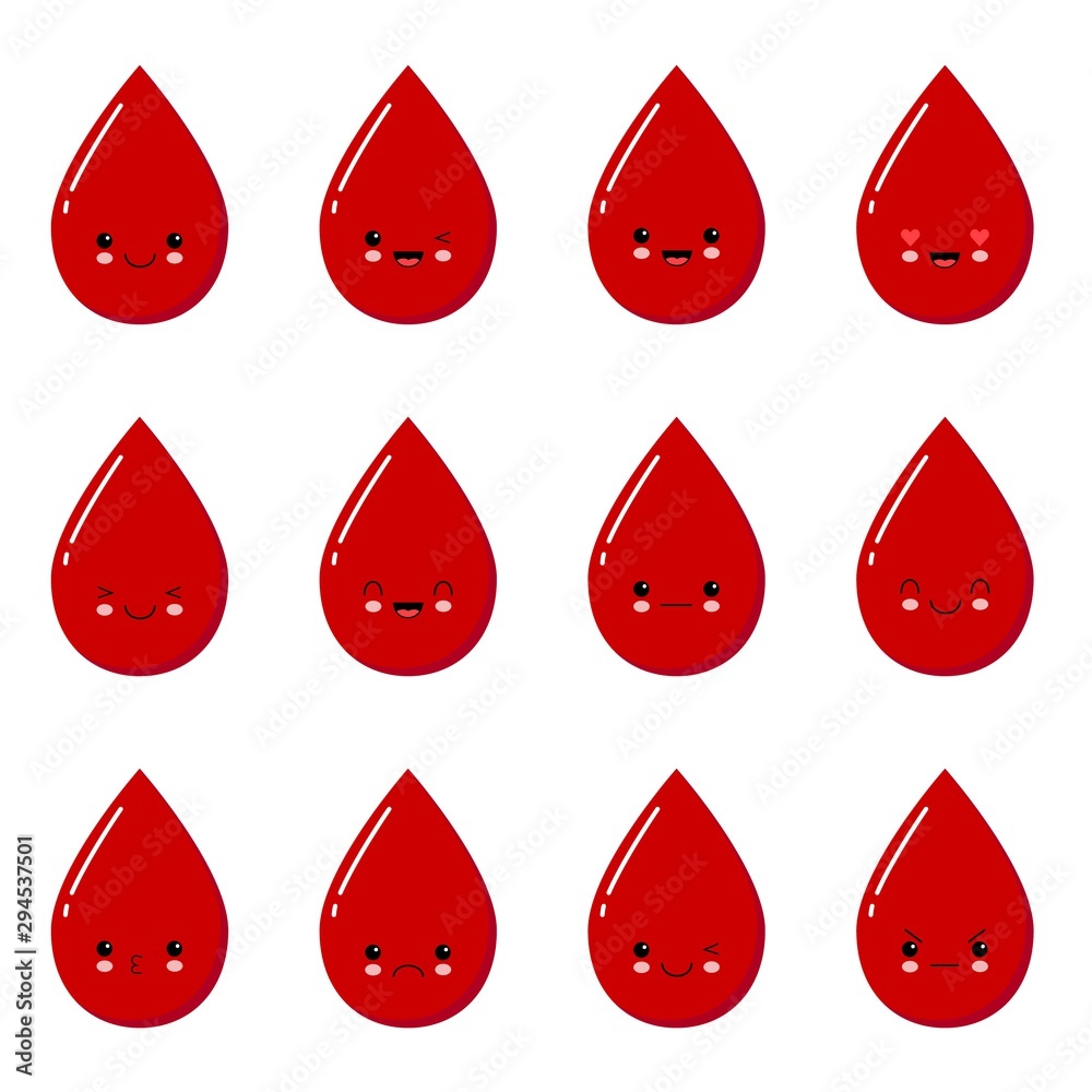 Cute happy smiling and sad blood drop character set collection. Vector ...