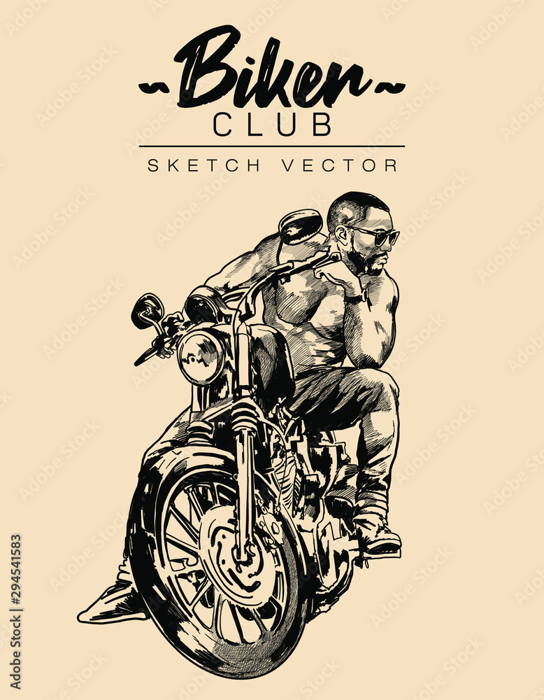 Biker on a motorcycle. Hand drawn sketch vector illustration Stock ...