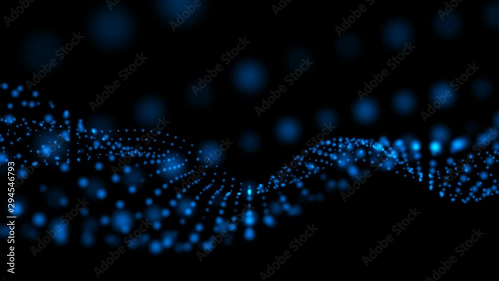 Rotation particle waves. Abstract blue waves. Grid of bright spots ...