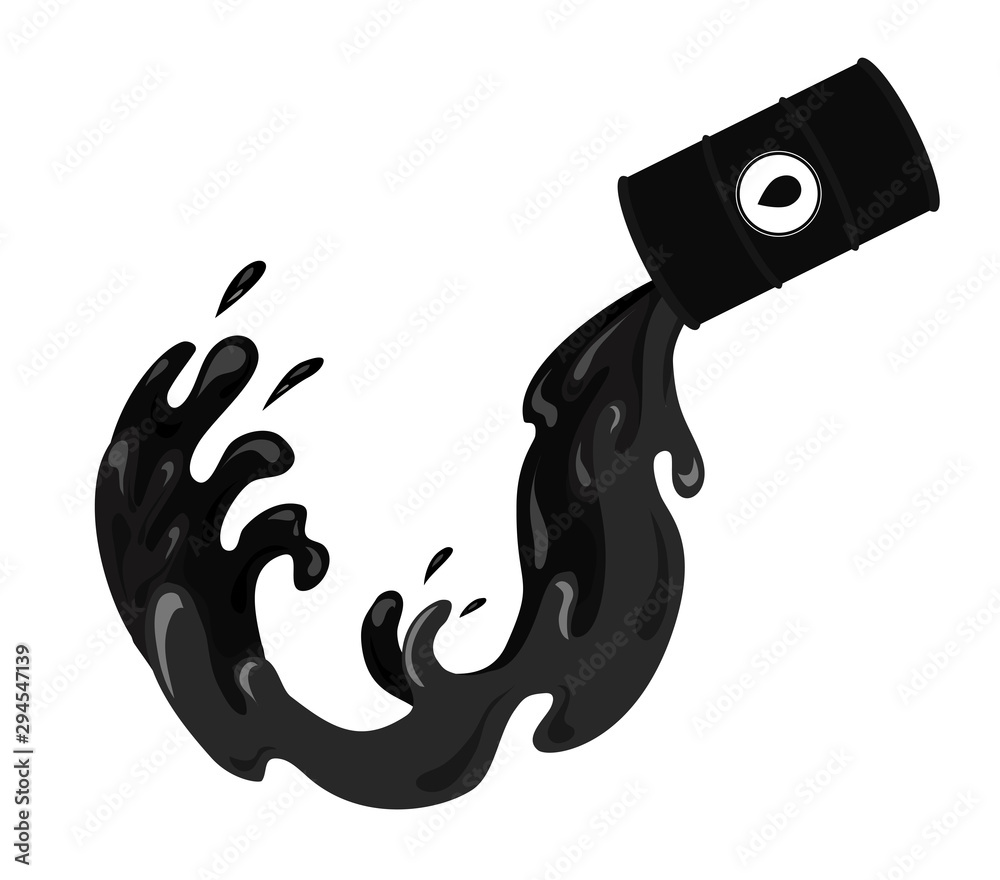 Vector flat illustration of oil barrel with pouring oil with splashes ...