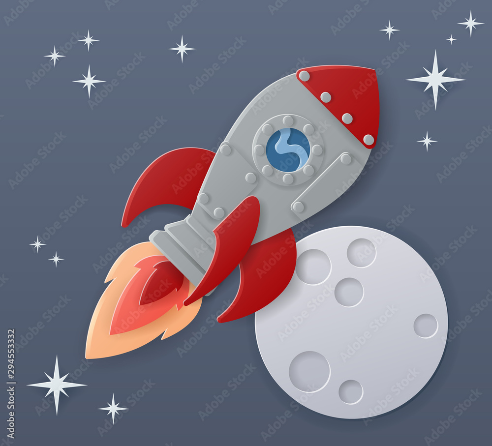 A space rocket ship in cartoon paper craft style flying in front of a ...
