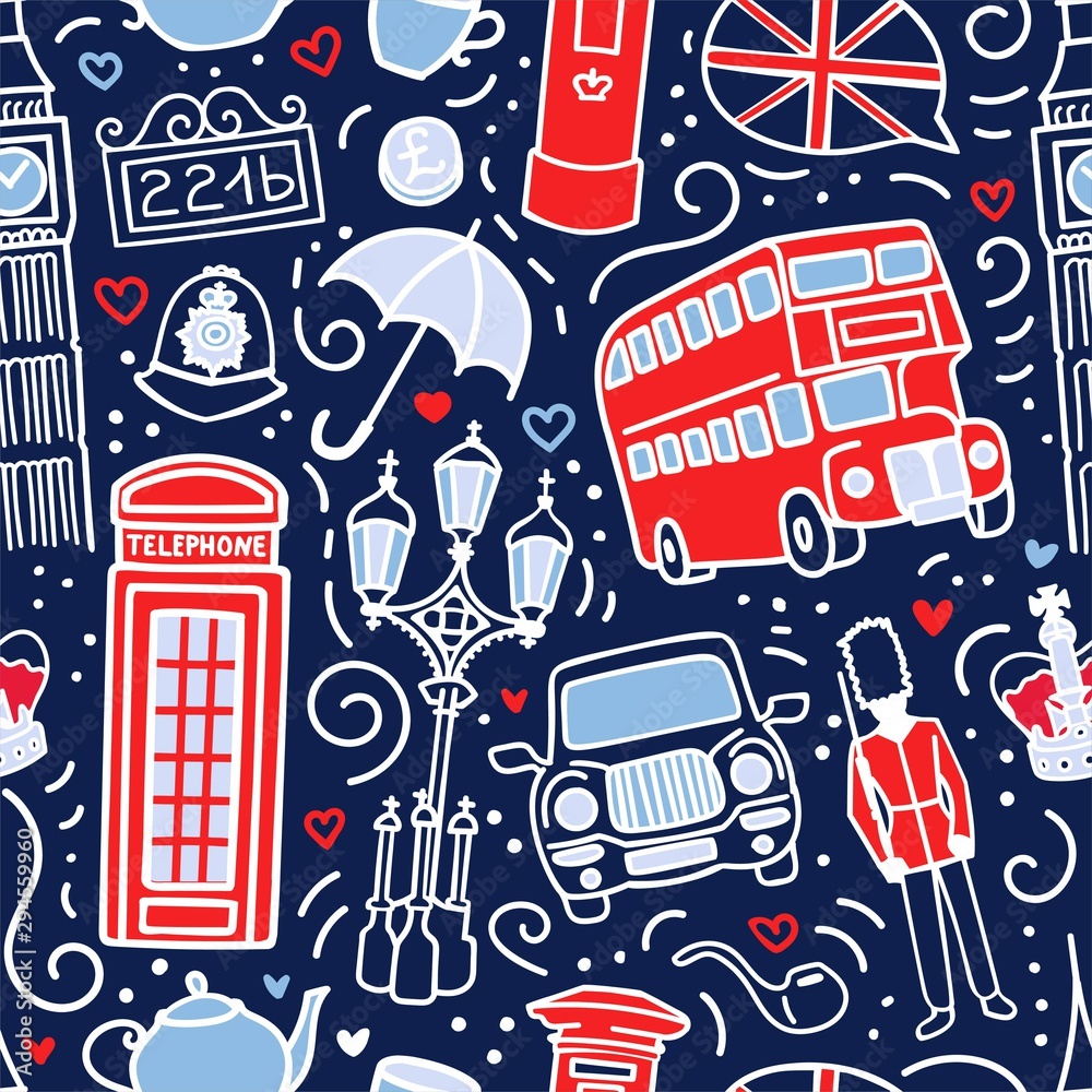 Vector seamless pattern with symbols of London, Great Britain. Hand ...