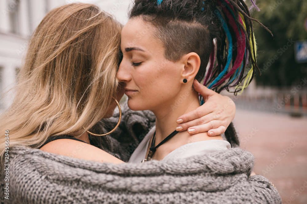 Closed eyes two momen hugging. Romantic relationships Stock Photo ...