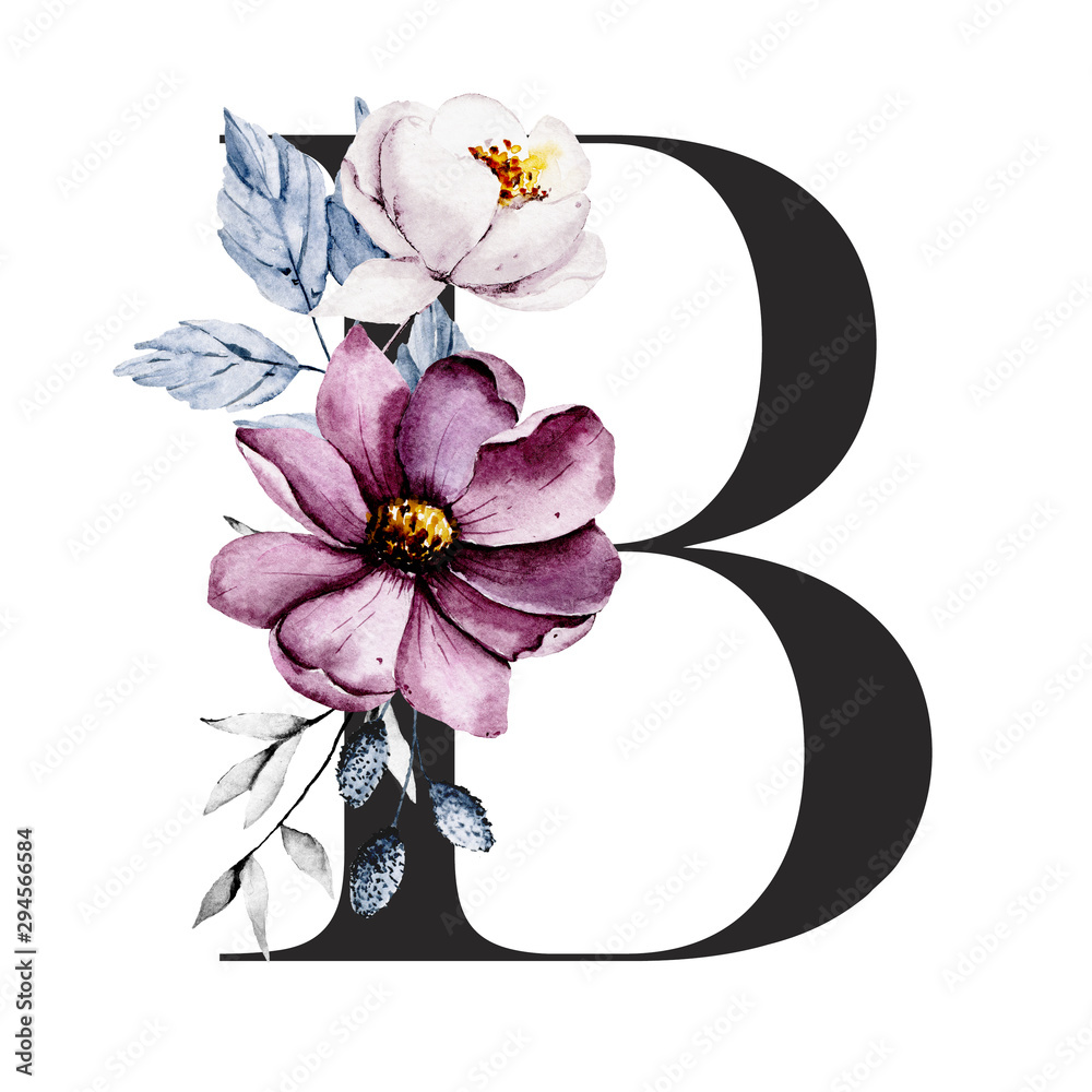 Letter b with watercolor flowers and leaves. Floral alphabet, monogram ...