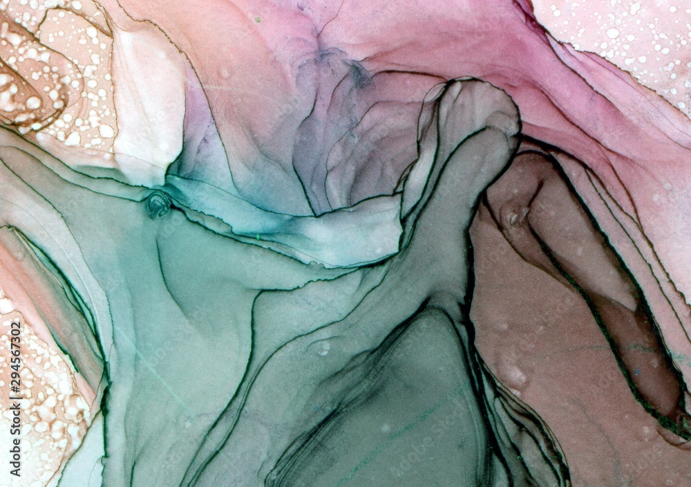 Abstract illustration in alcohol ink technique. Sea green, brown and ...