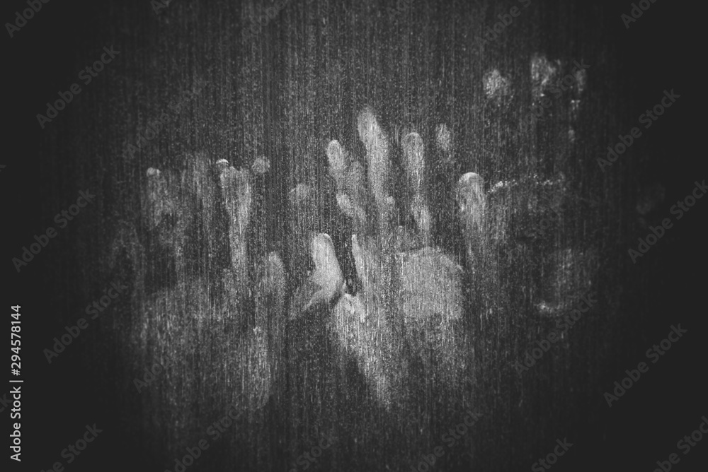 Hand marks on wooden wall - hand prints Horror scary dirty fingerprint ...