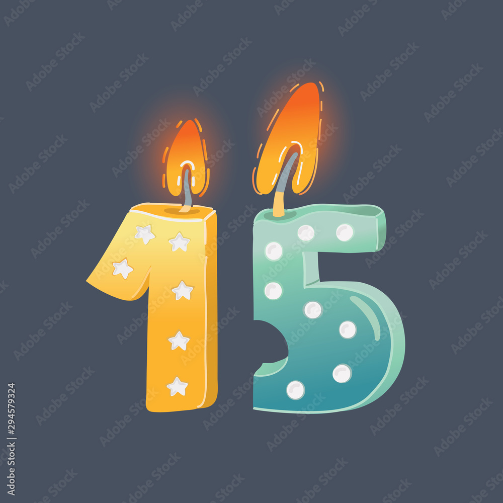 Cartoon vector illustration of 15 years birthday card. Candles on dark ...