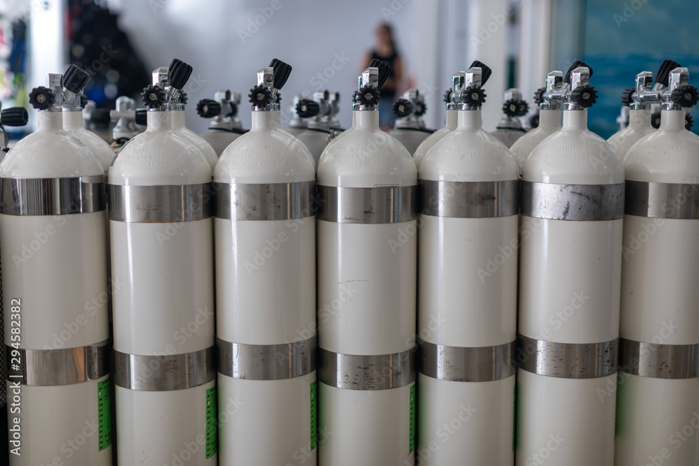 Scuba diving tanks, compressed gas cylinders for diving. Stock Photo ...