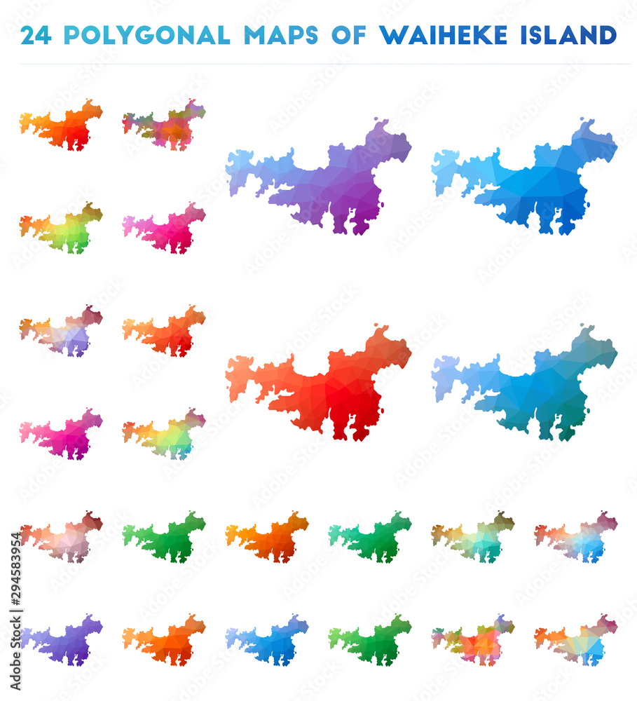 Set of vector polygonal maps of Waiheke Island. Bright gradient map of ...