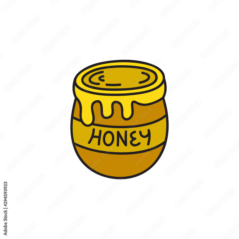 Honey vector illustration. Cute pot of gold sweet honey, spill over ...