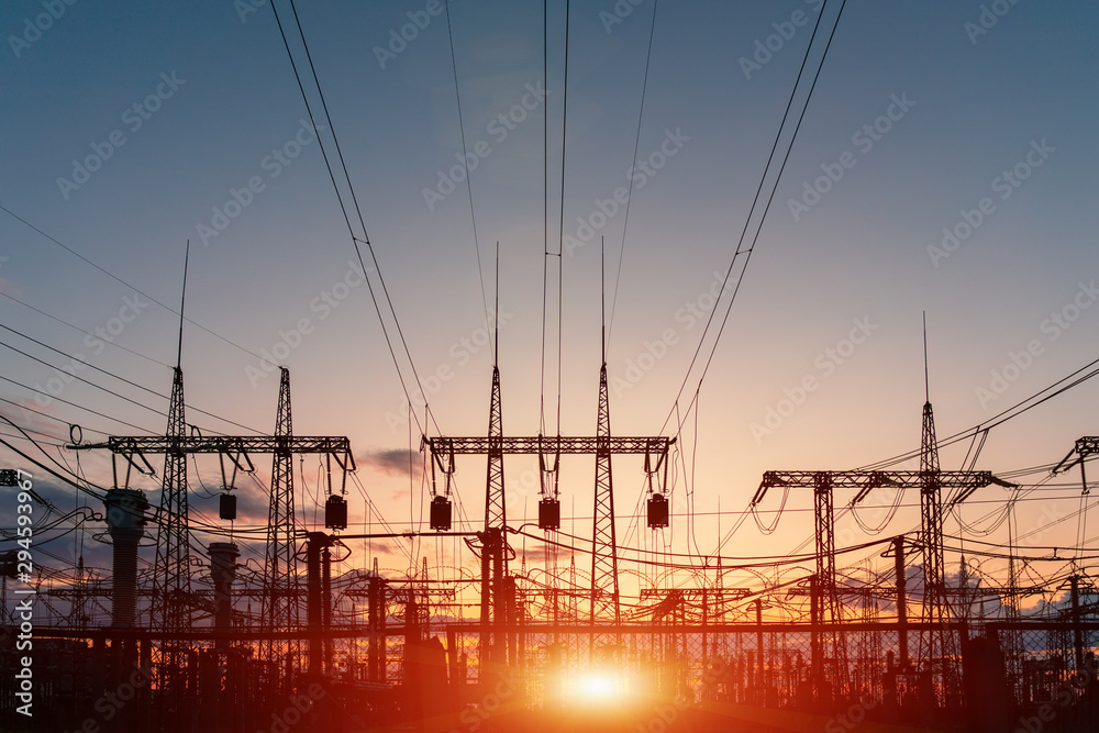Electrical substation silhouette on the dramatic sunset background ...
