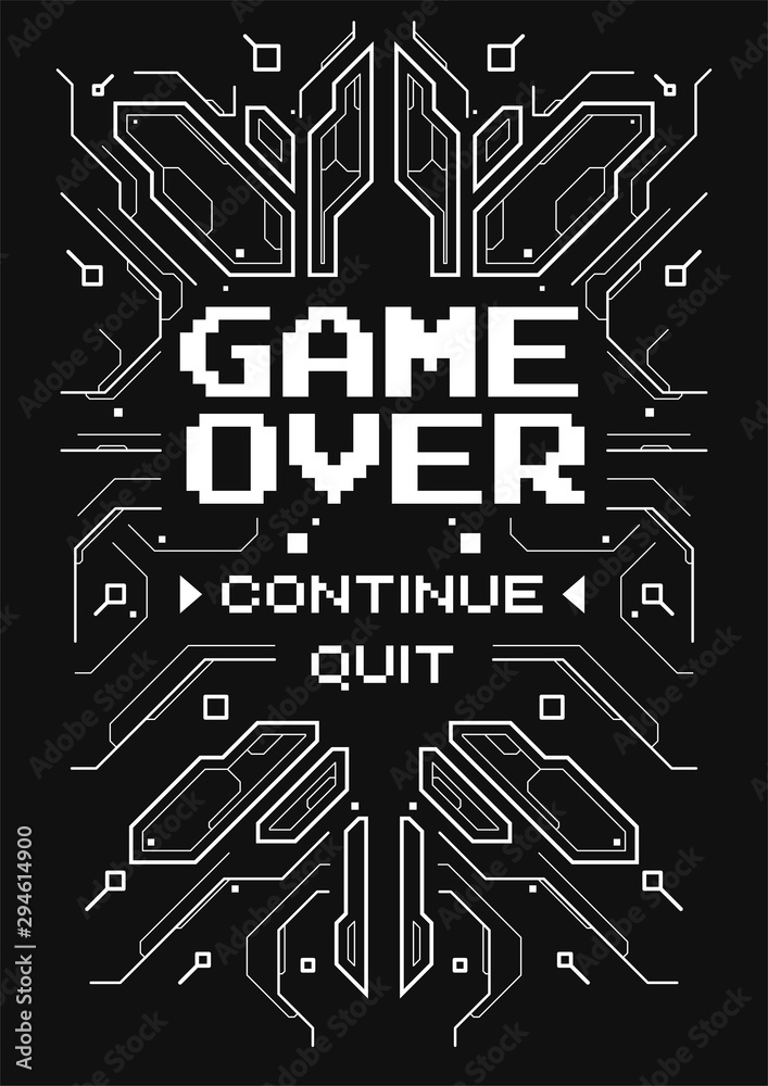 Futuristic poster with retro games elements. Game over screen with ...