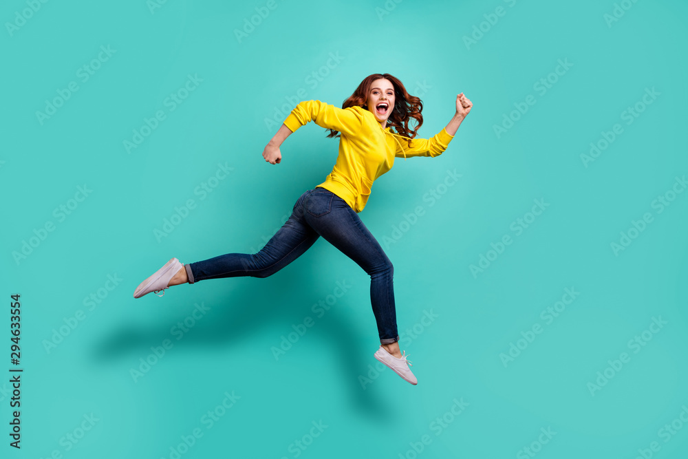 Full length body size photo of running jumping casual cute nice ...
