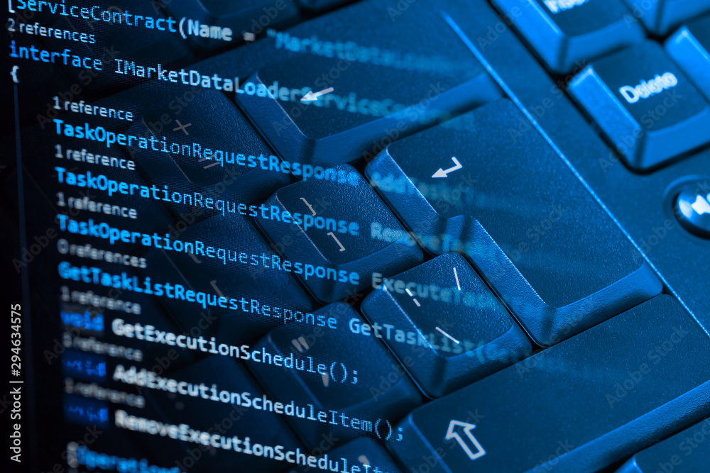 Information technology concept. Coding programmer language script text on screen monitor display ...