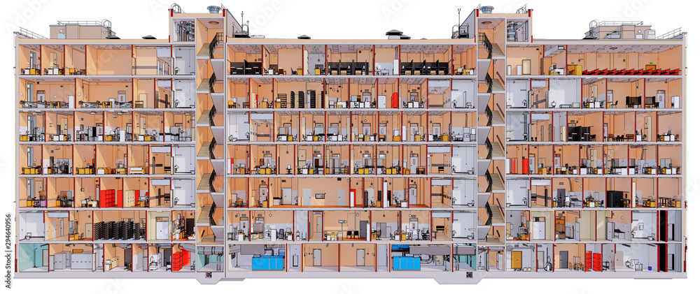 Section view visualization of the interior room space of building ...