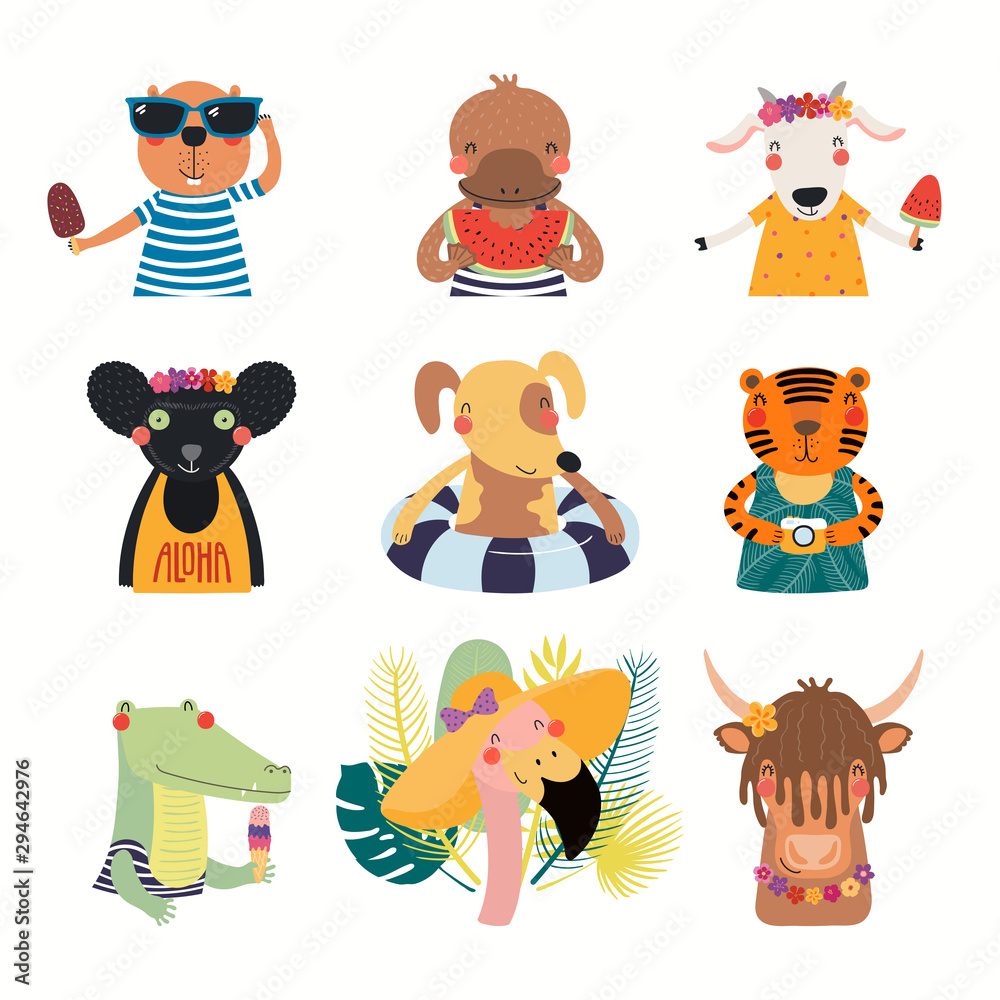 Big set with cute animals doing summer activities. Isolated objects on ...