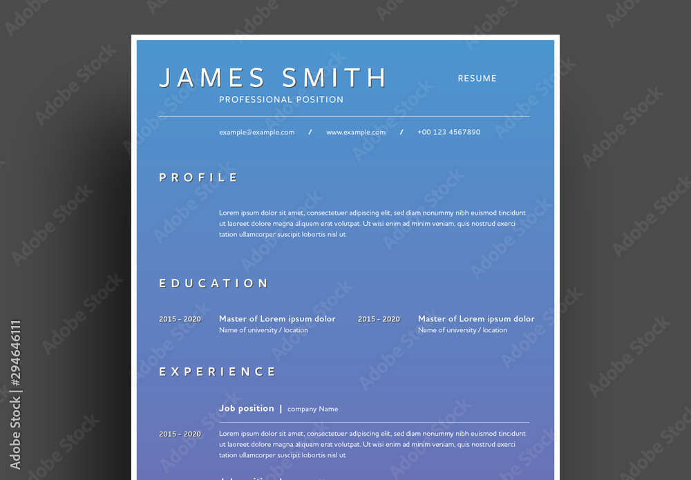 Resume Layout with Blue Gradient Background Stock Template | Adobe Stock