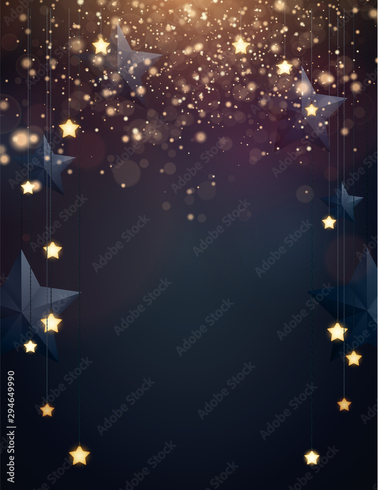 Christmas background design with yellow glowing stars, blue paper stars ...