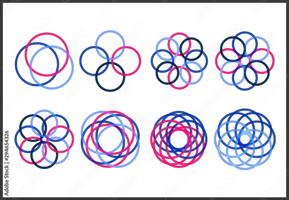 Pink and Blue Geometric Icon Set with Interlocking Circles Stock ...