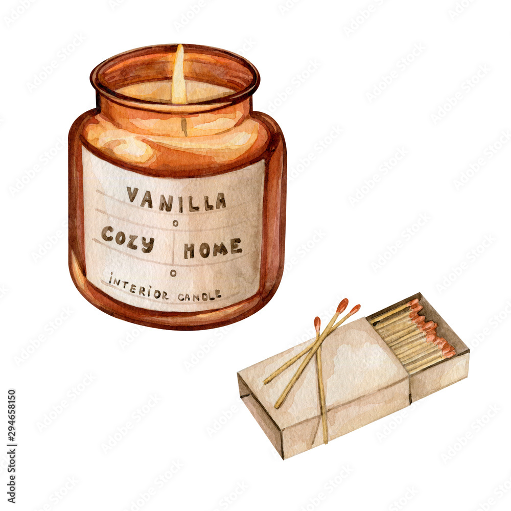 Watercolor hand drawn illustration of red glass candle for cozy home ...