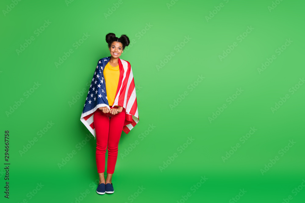 Full body photo of pretty dark skin lady celebrating independence usa ...