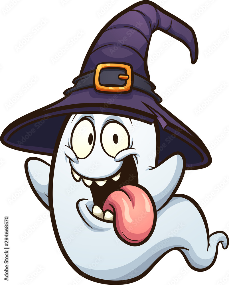 Cartoon Halloween ghost with tongue out, wearing a witch hat clip art ...