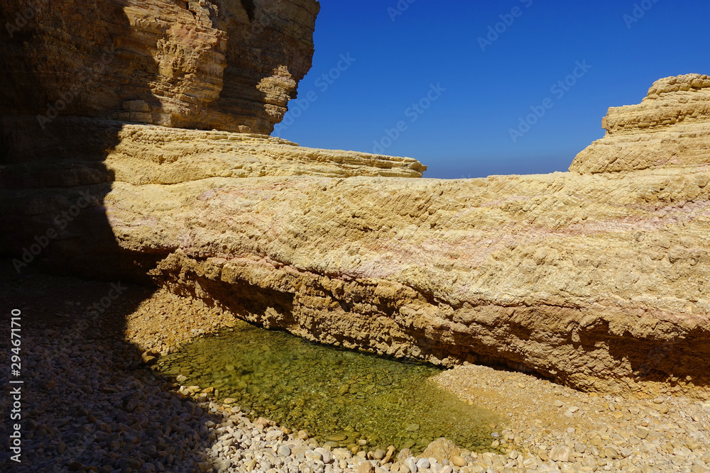 Famous rocky beach and volcanic seascape of Gala in island of Koufonisi ...