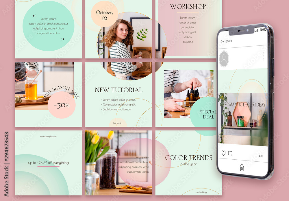Social Media Post Layout Set with Mint And Pink Gradients Stock ...