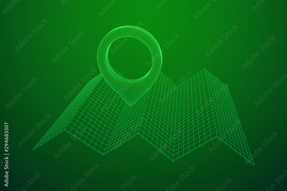 Geo map pin with folding map. Place symbol GPS pictogram. Wireframe low ...