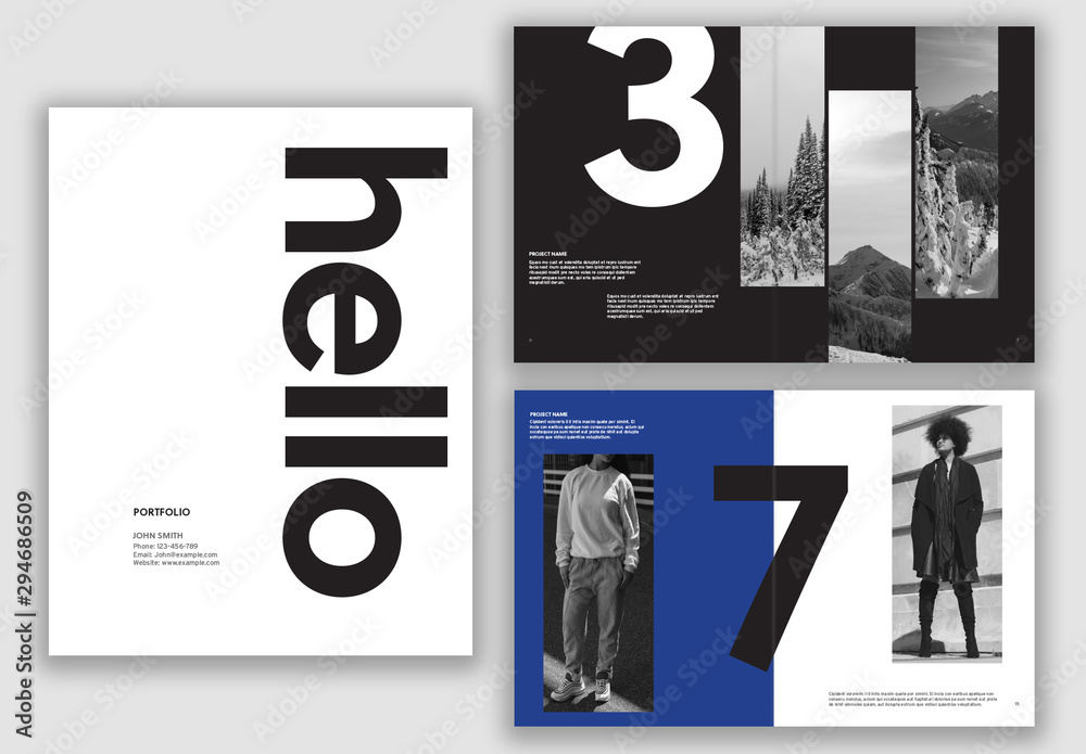Blue and White Portfolio Layout with Bold Text Stock Template | Adobe Stock