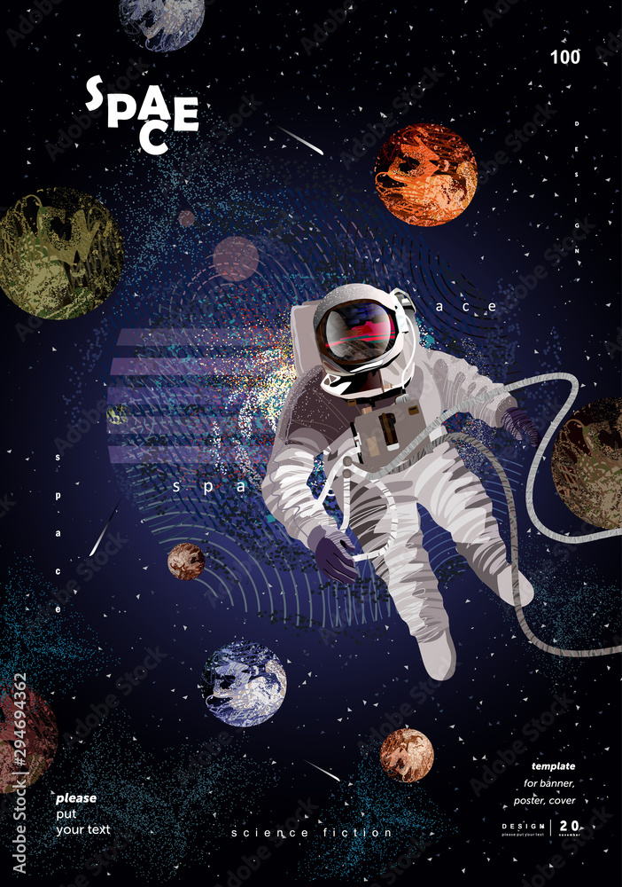 science fiction, vector illustration of an astronaut in space, the moon ...