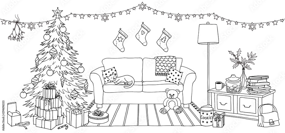 Hand drawn illustration of a living room with Christmas decoration ...