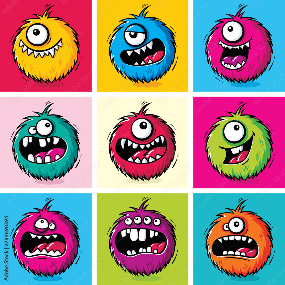 Set of funny cartoon furry monsters Stock Vector | Adobe Stock