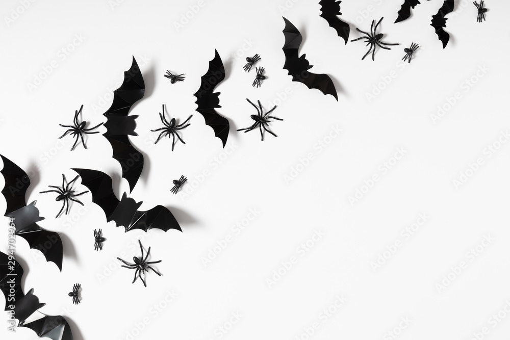 Halloween decorations concept. Halloween with spiders, black bats on ...