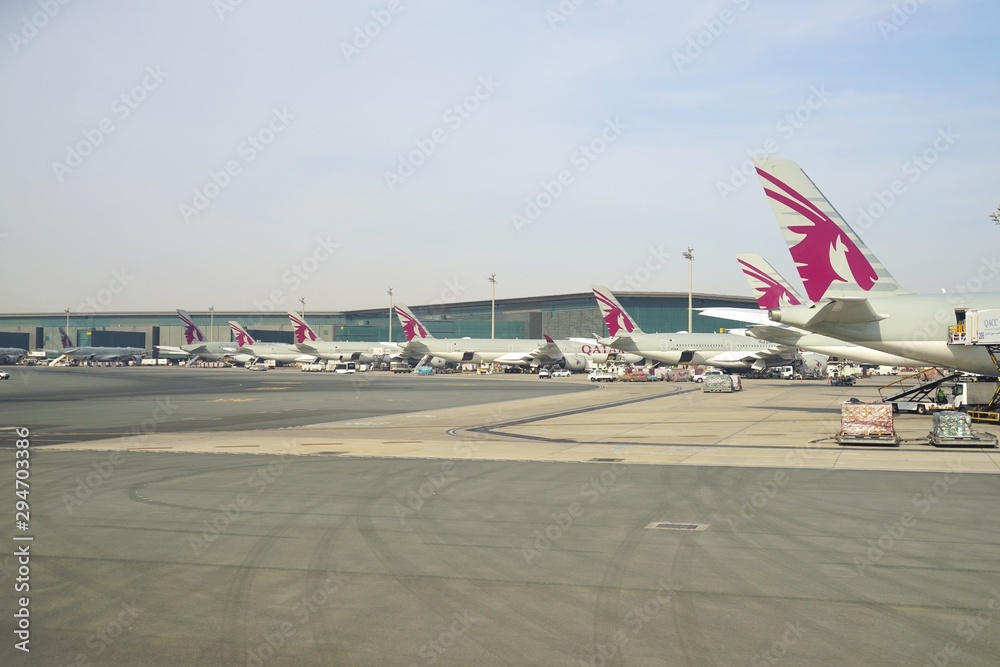 DOHA, QATAR -17 JUN 2019- View of airplanes from Qatar Airways (QR) at ...