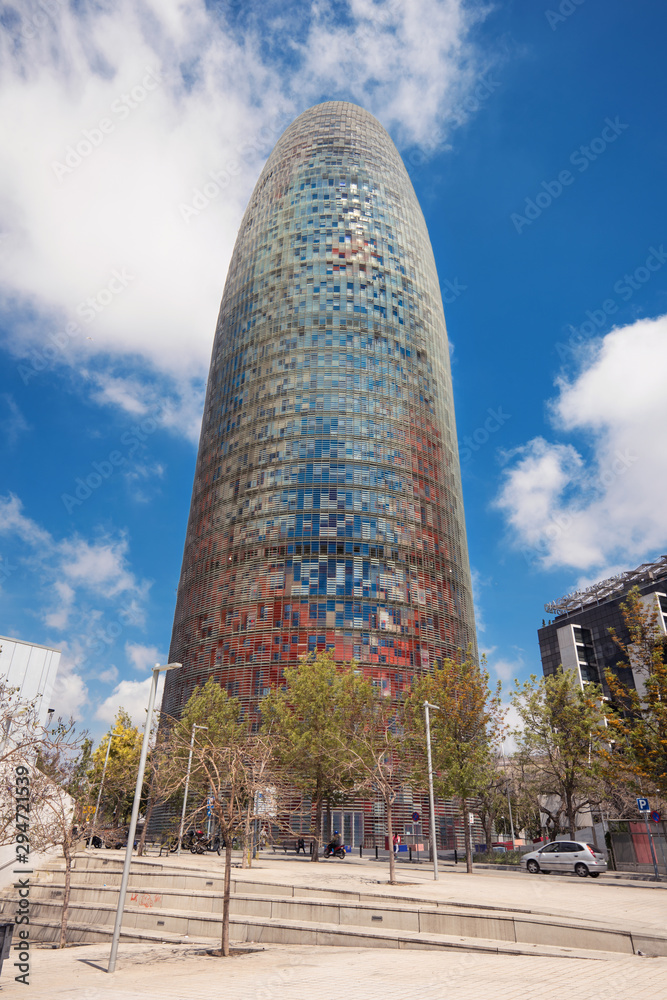 Torre Agbar on May 7, 2016 in Barcelona, Spain. 38 storey tower, built ...