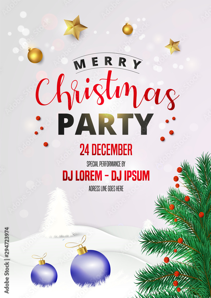 Merry Christmas Party invitation card design with Xmas tree, baubles ...