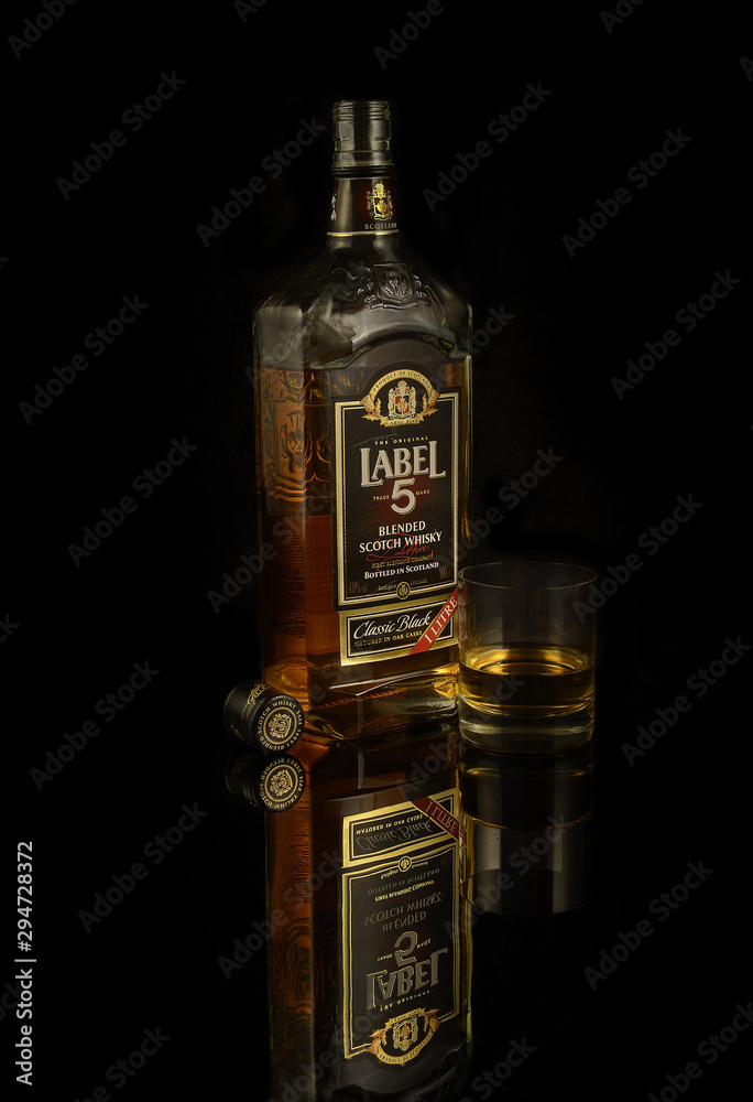 Label 5 blended Scotch whisky bottle. Whisky is a major export item of ...