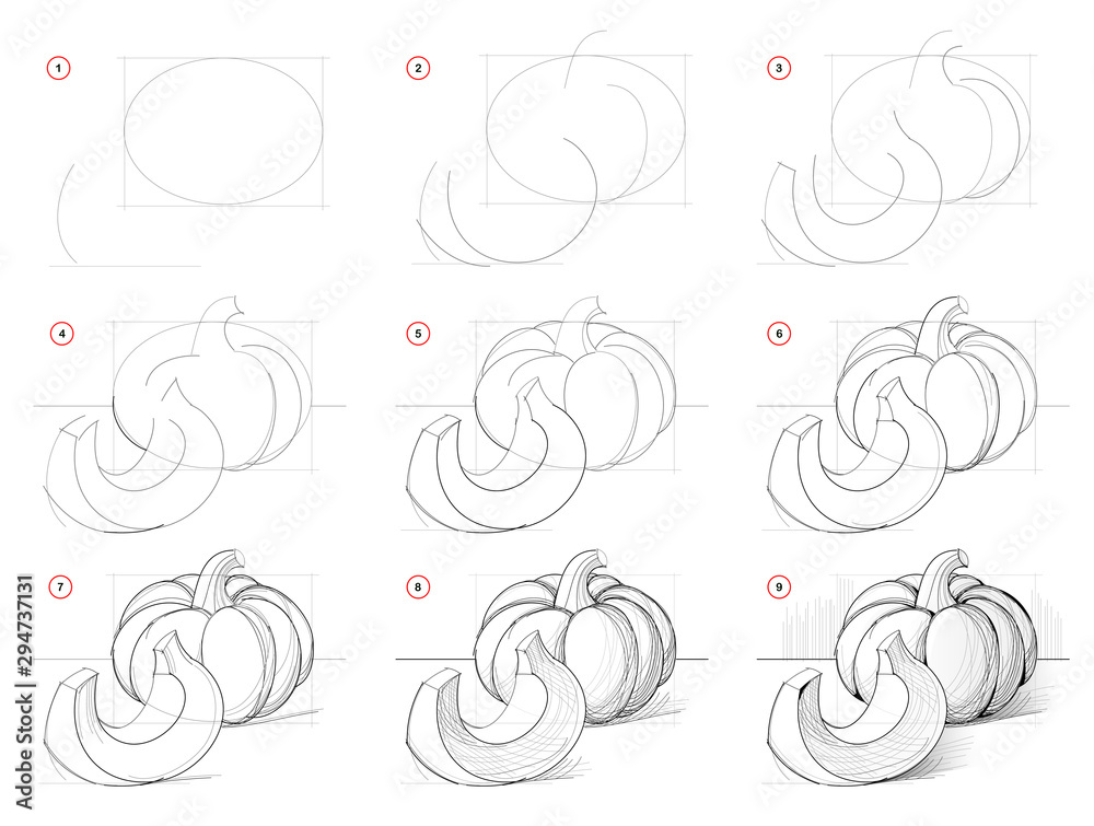 How to draw step-wise picture of still life with pumpkin. Creation step ...