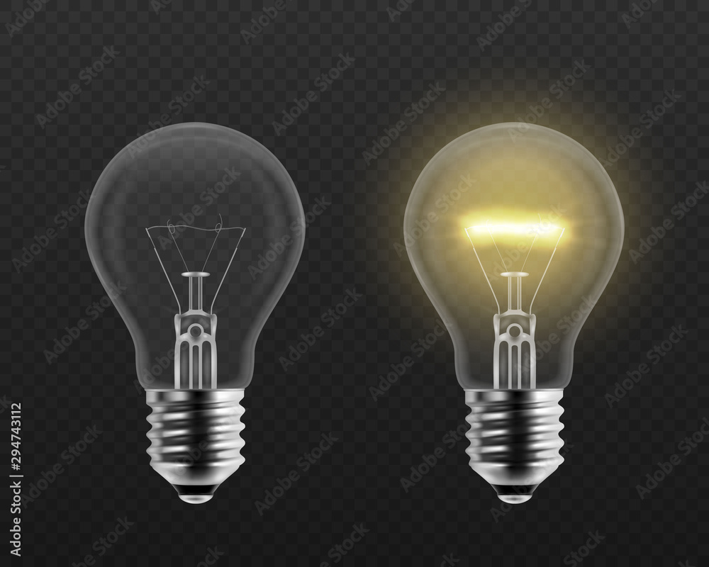 Vector 3d Realistic Turning On and Off Light Bulb Icon Set Closeup ...