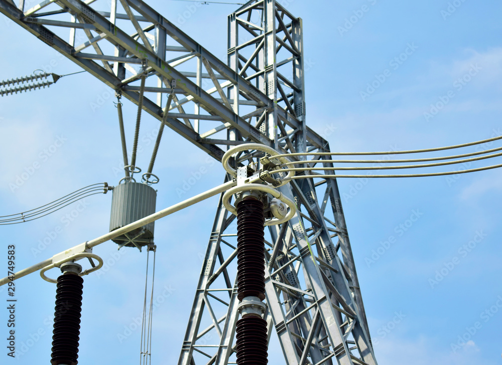 High voltage circuit breaker in electrical substation.Power station for ...