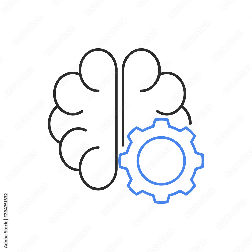 Human brain with gear icon. Outline thin line illustration. Isolated on ...