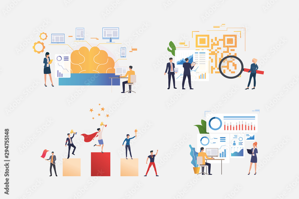 Business success illustration set. People analyzing diagrams ...