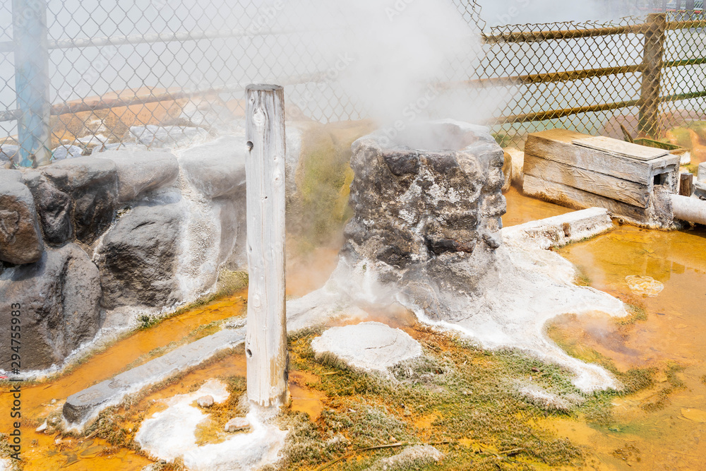 Hell Jigoku onsen Beppu , focus to chimney steam in the area in Oniyama ...